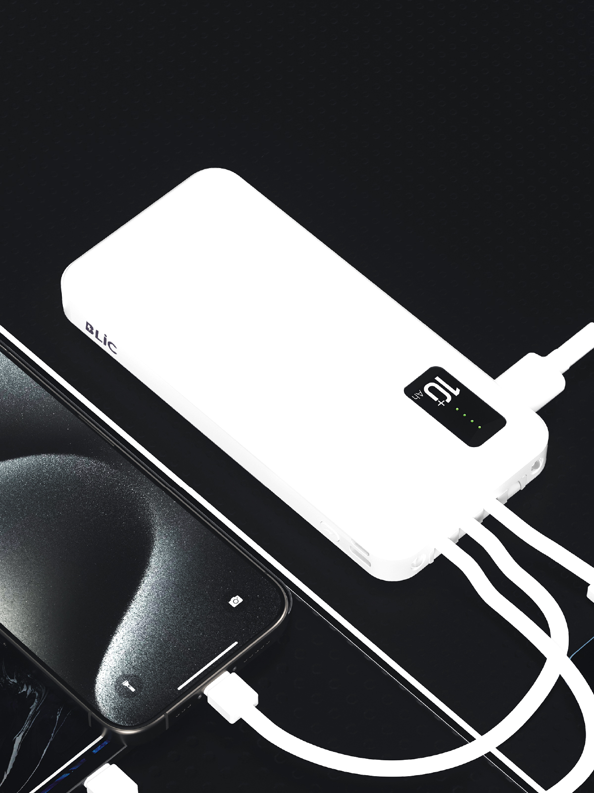 Blic BPB4 10.000mAh LED Işıklı Powerbank Beyaz | 4 Cihaz Aynı Anda Şarj | Dahili 3in1 Kablo